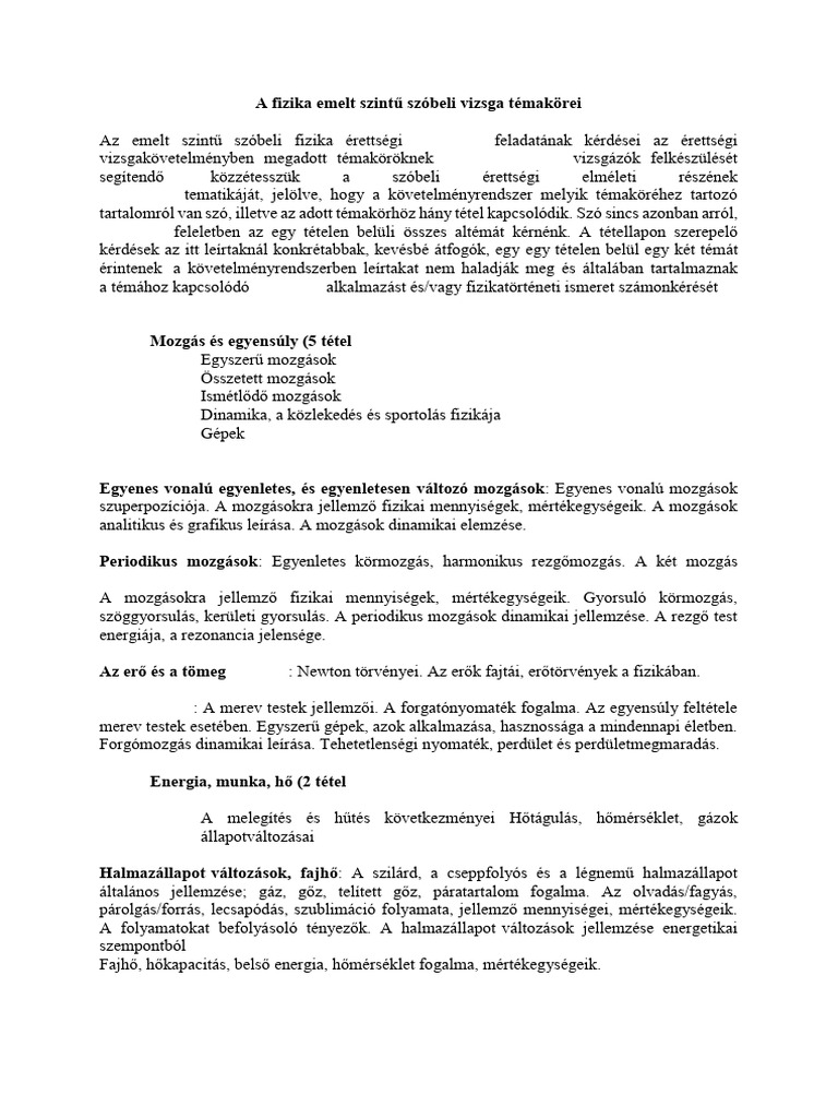 Fizika Emelt Szobeli Temakorok 2024okt | PDF