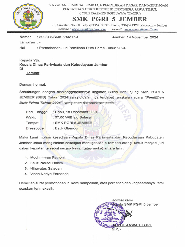S. Permohonan Juri Duta Prima 2024 | PDF