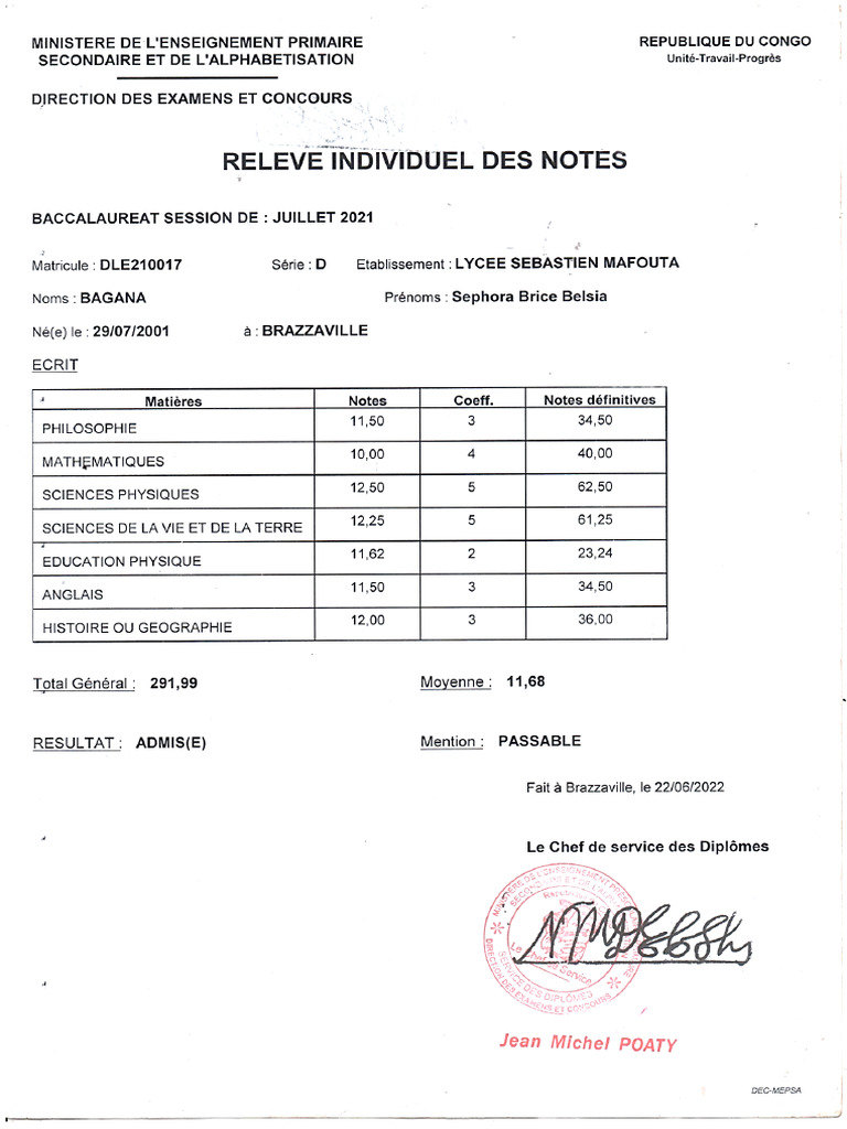 Releve Note Bac Bagana | PDF