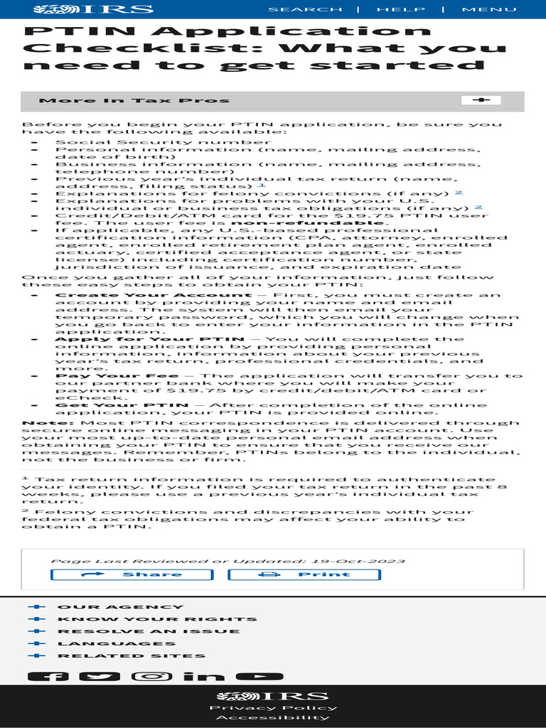 PTIN Application Checklist Guide | PDF | Debit Card | Taxes