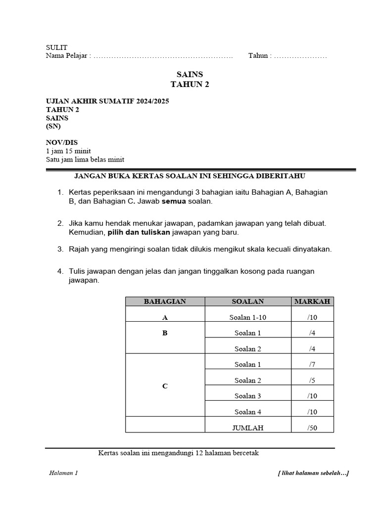 Usa Sains THN 2 Set 2 2024 2025 by Cikgu Gorgeous | PDF