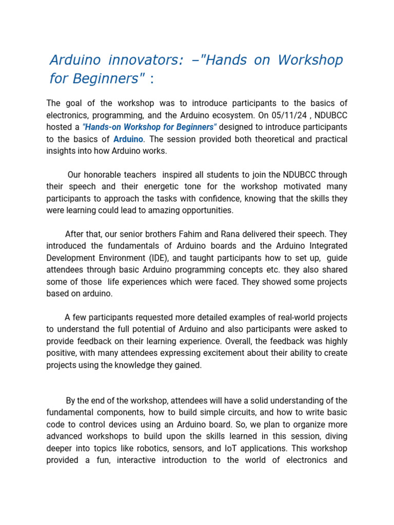 Arduino Innovators Hands On Workshop For Beginners | PDF