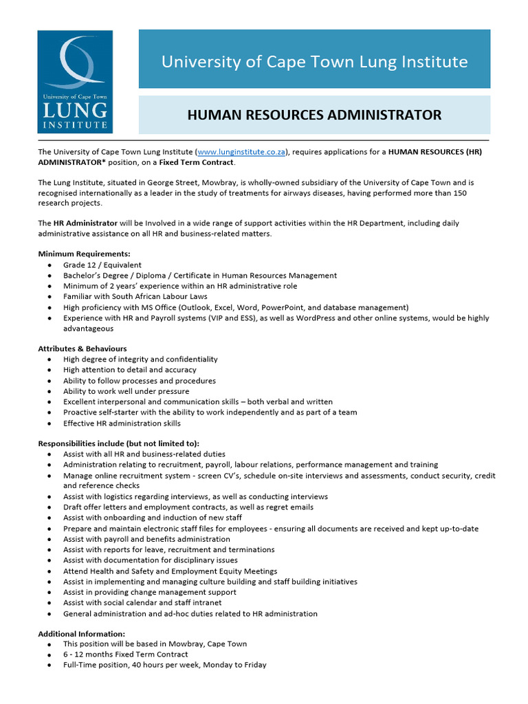 HR Administrator Vacancy at UCT Lung Institute | PDF | Employment ...