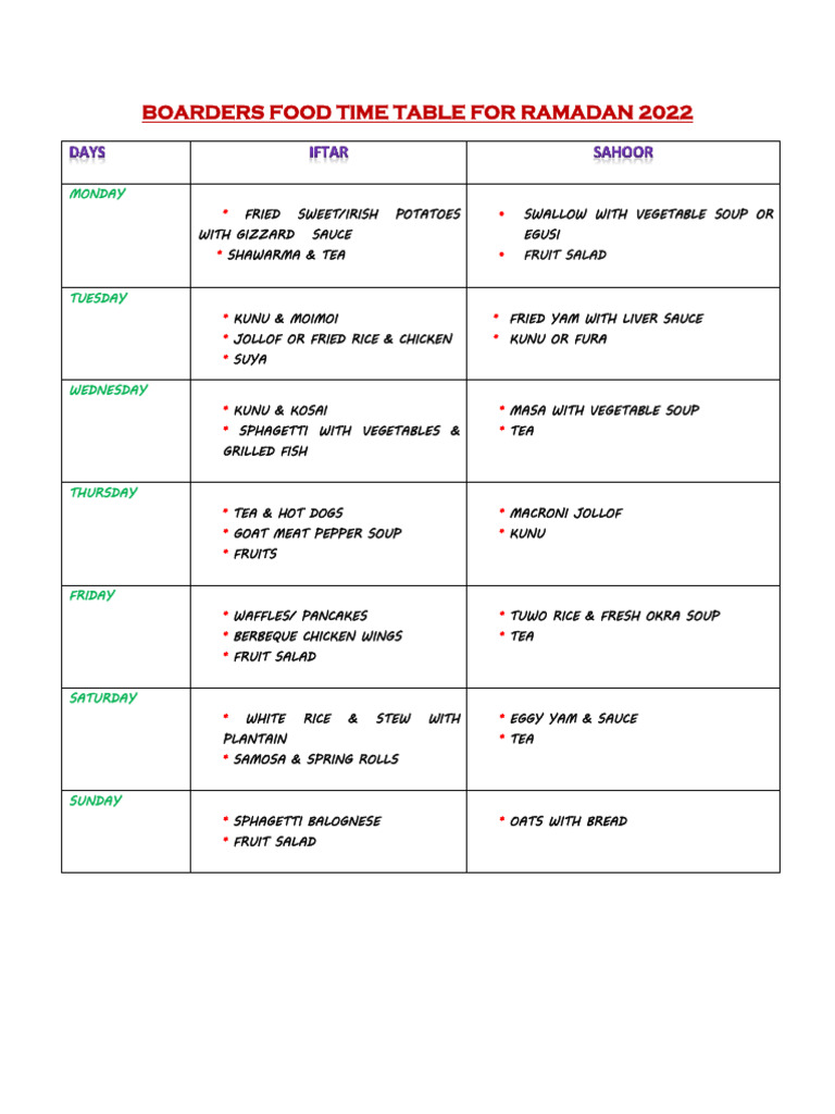 Boarders Food Time Table For Ramadan 2022 | PDF