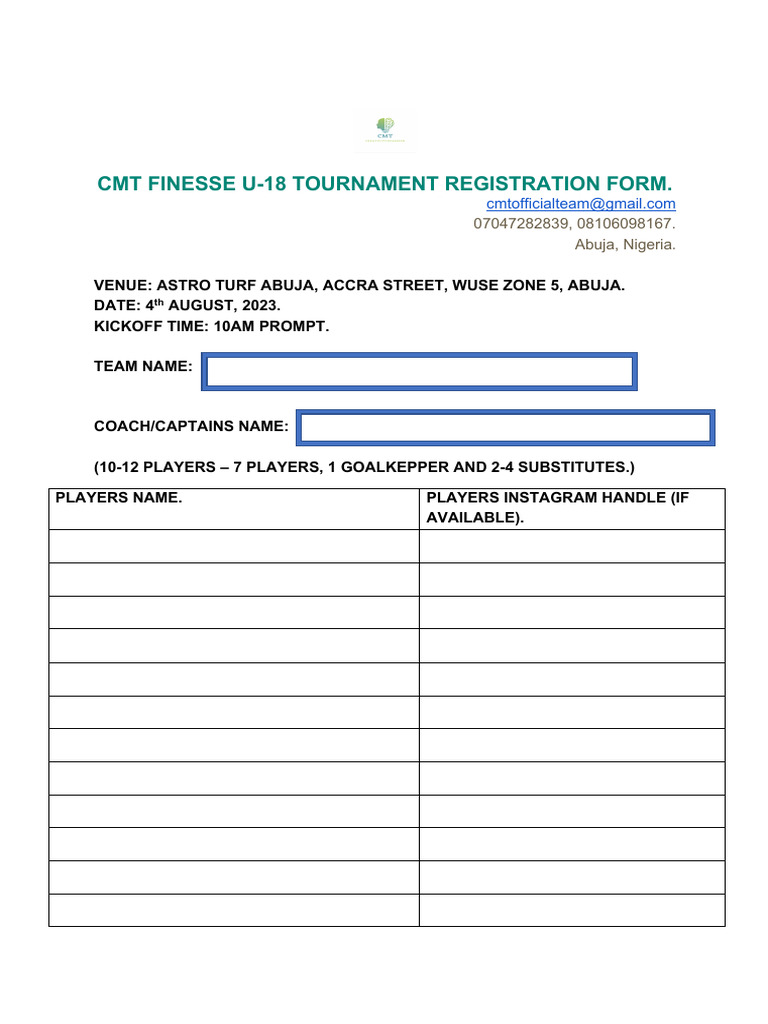 CMT Finesse Football Tournament - Under-18 Registration Form. | PDF ...