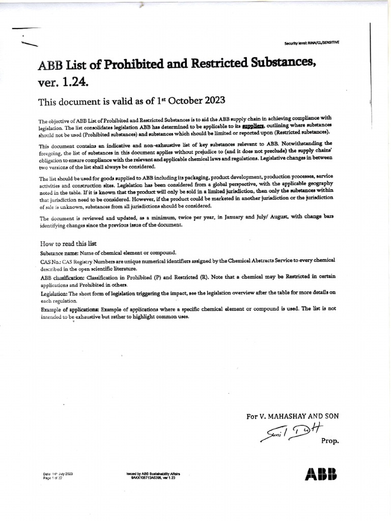 Abb List of Prohibited and Restricted Substances | PDF