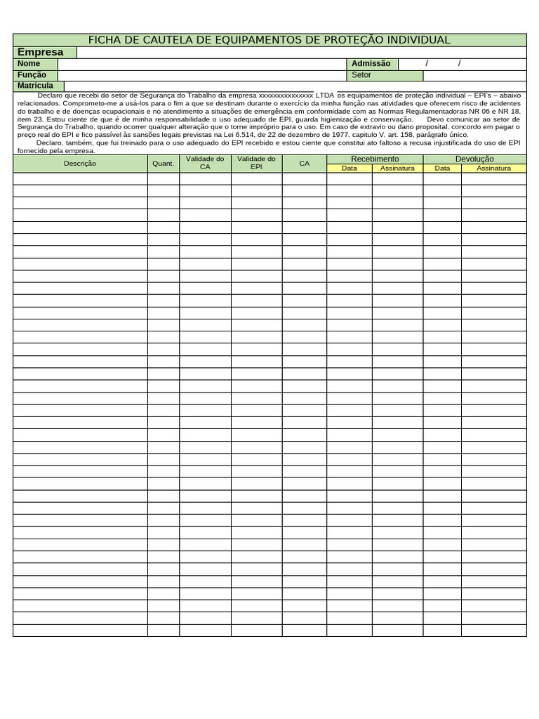 Ficha de Cautela de EPIs | PDF