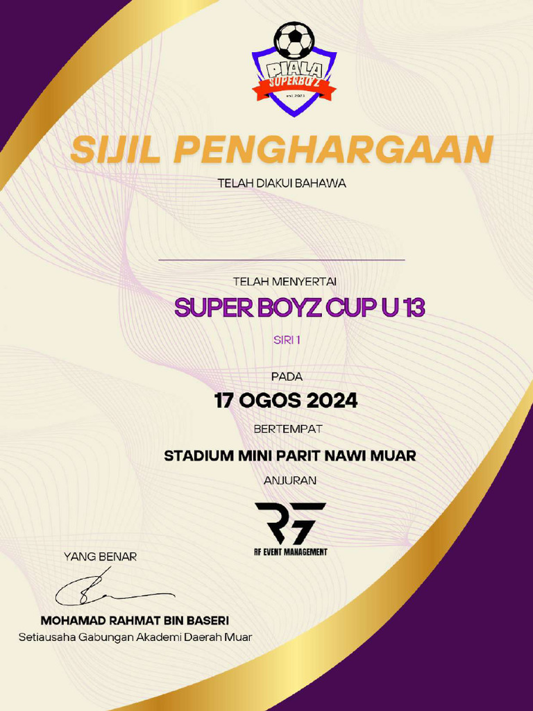 Sijil Kejohanan Superboyz Cup U13 | PDF