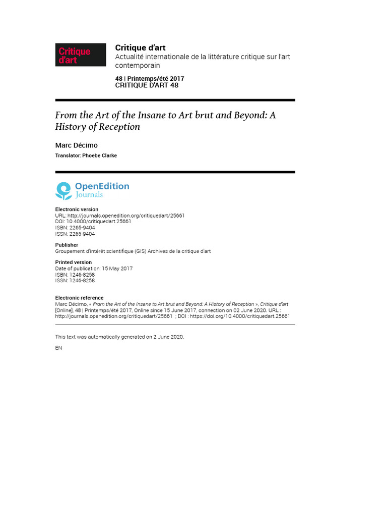 From the Art of the Insane to Art brut and Beyond A History of Reception | PDF | The Arts