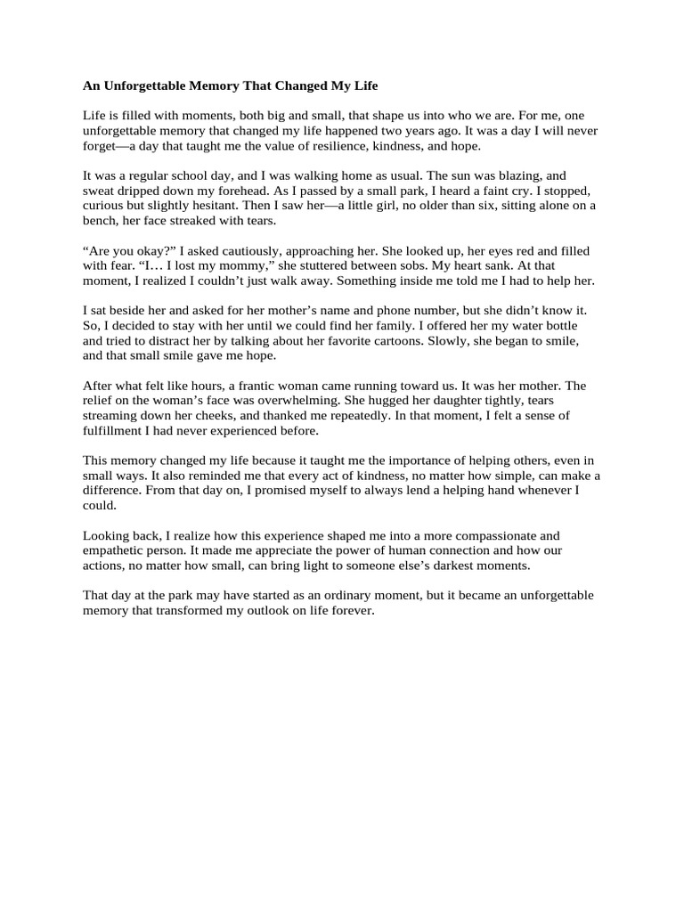 SPM Essay - An Unforgettable Memory That Changed My Life | PDF