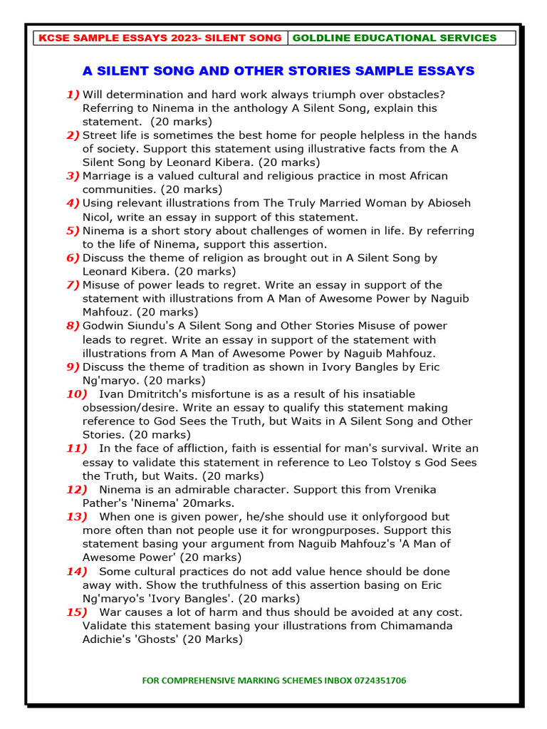 KCSE Sample Essays: Silent Song Insights | PDF