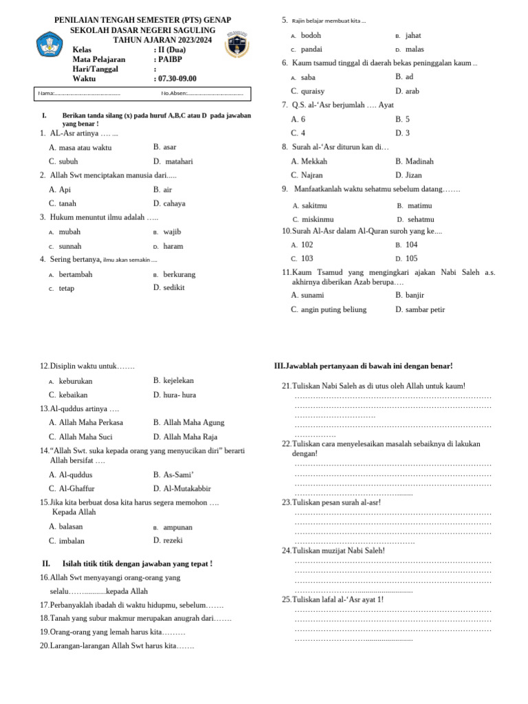 Soal PTS PAIBP Kelas 2 SD 2023 | PDF