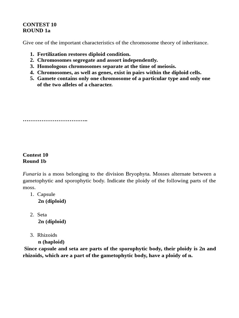 Biology Contest 10 | PDF | Ploidy | Moss