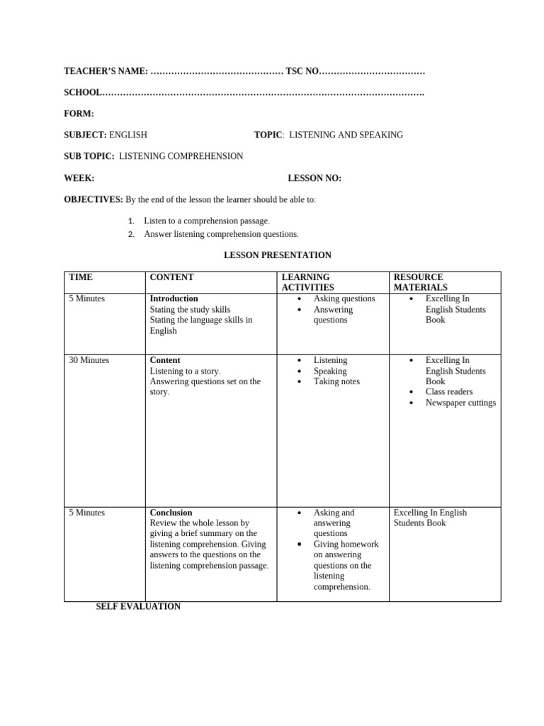 Listening Comprehension Lesson Plan | PDF
