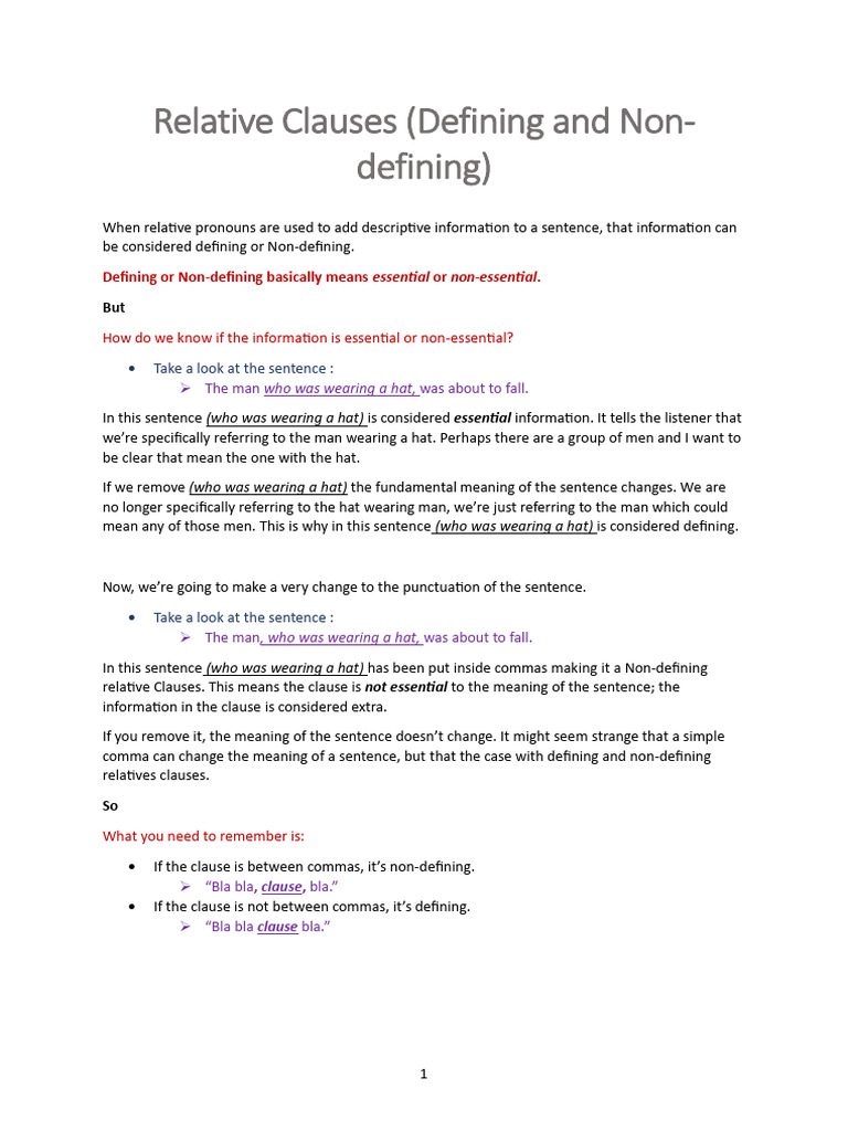 Defining vs. Non-defining Clauses | PDF | Subject (Grammar) | Syntax