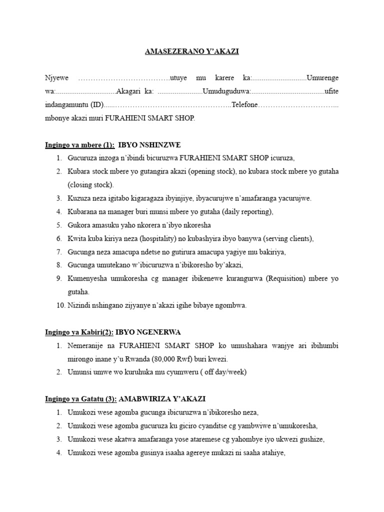 FURAHIENI SMART SHOP-AMASEZERANO Y'AKAZI - 2024 | PDF