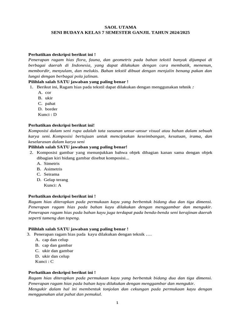SOAL UTAMA_SENI BUDAYA_7_GENAP_2022 (1) (2) | PDF