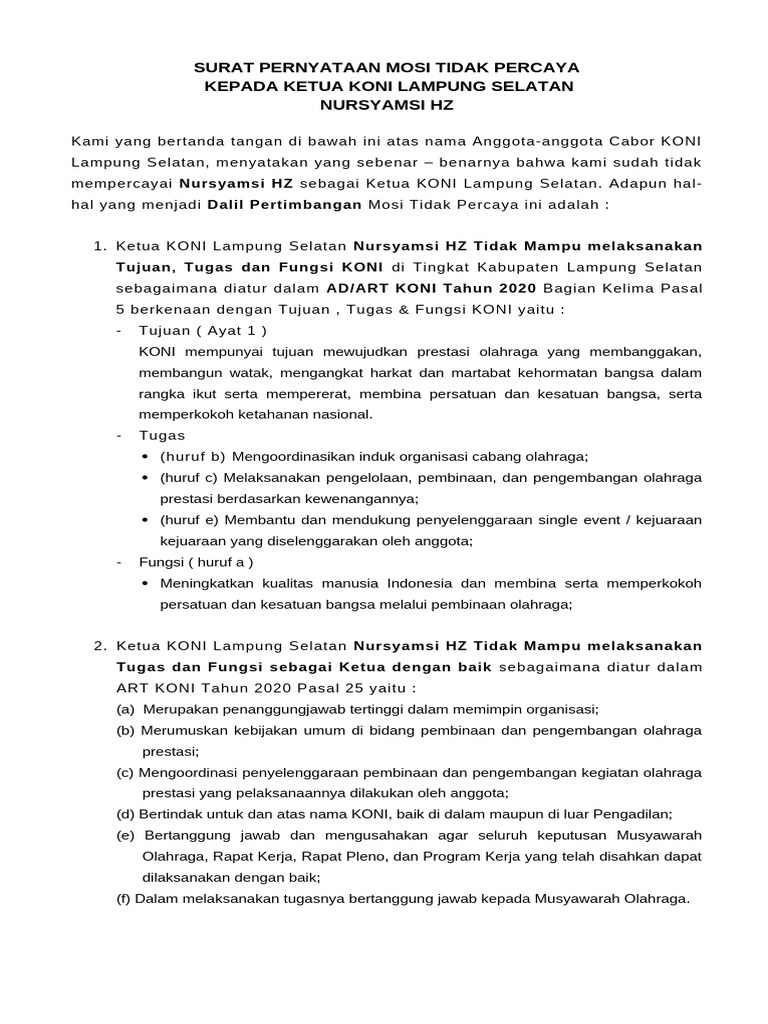 Surat Pernyataan Mosi Tidak Percaya | PDF