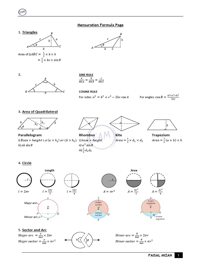 Mensuration Formulas for 2D and 3D | PDF | Area | Euclidean Plane Geometry