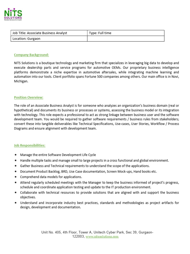 NITS JD - Associate Business Analyst | PDF | Software Development ...