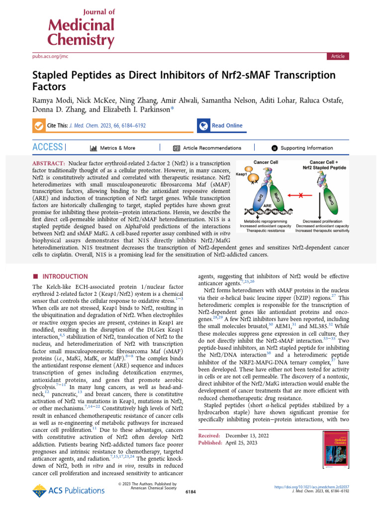 141-2023-Elizabeth Parkinson-J. Med. Chem.-Stapled Peptides As Direct Inhibitors of Nrf2-sMAF ...