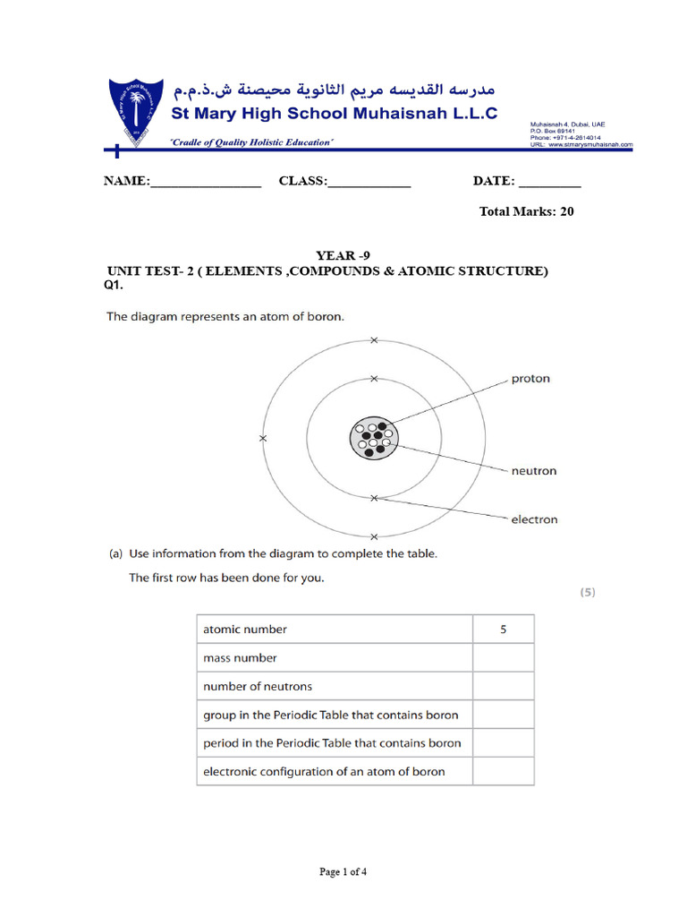 Unit Test-2 Year 9 Elements Compound | PDF