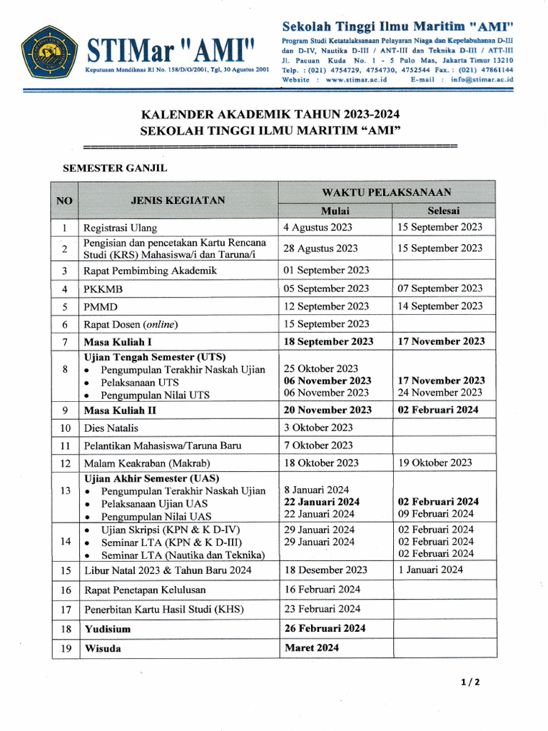 Stimar Ami Kalender Akademik 2023 2024 | PDF