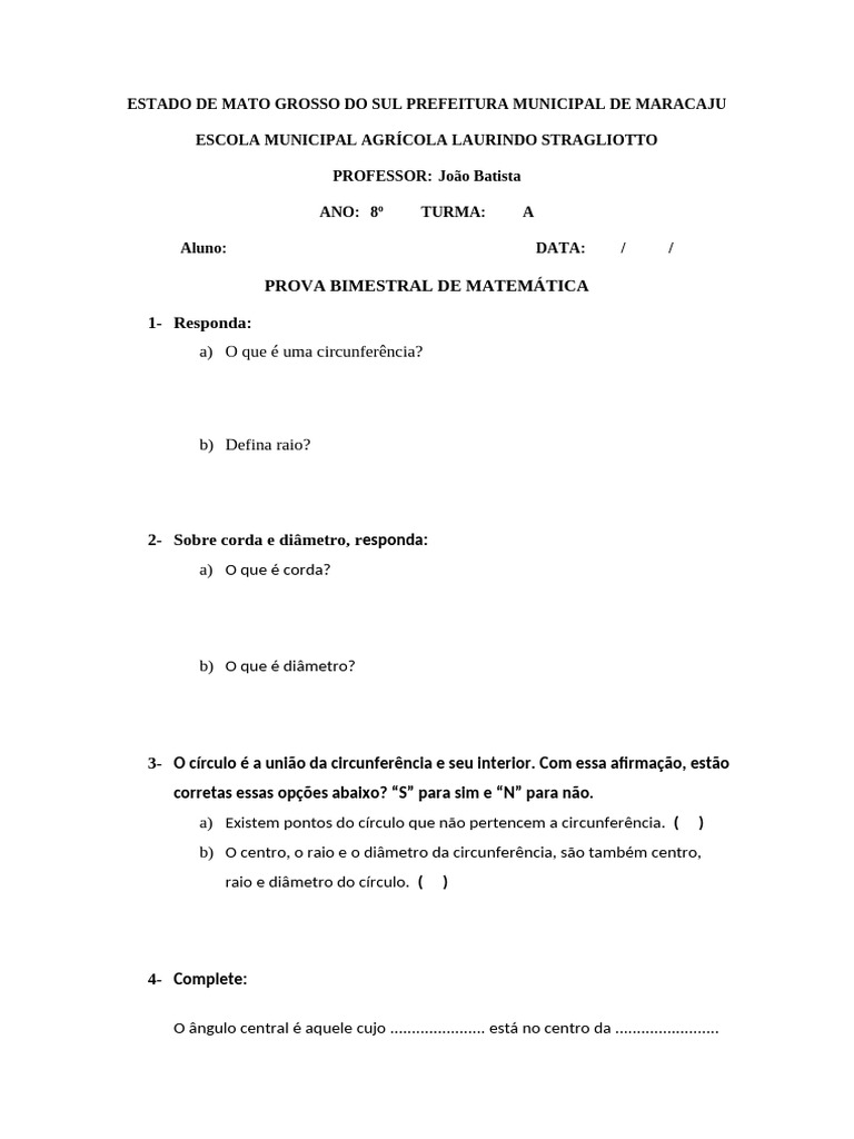 Prova 9 ano laurindo | PDF