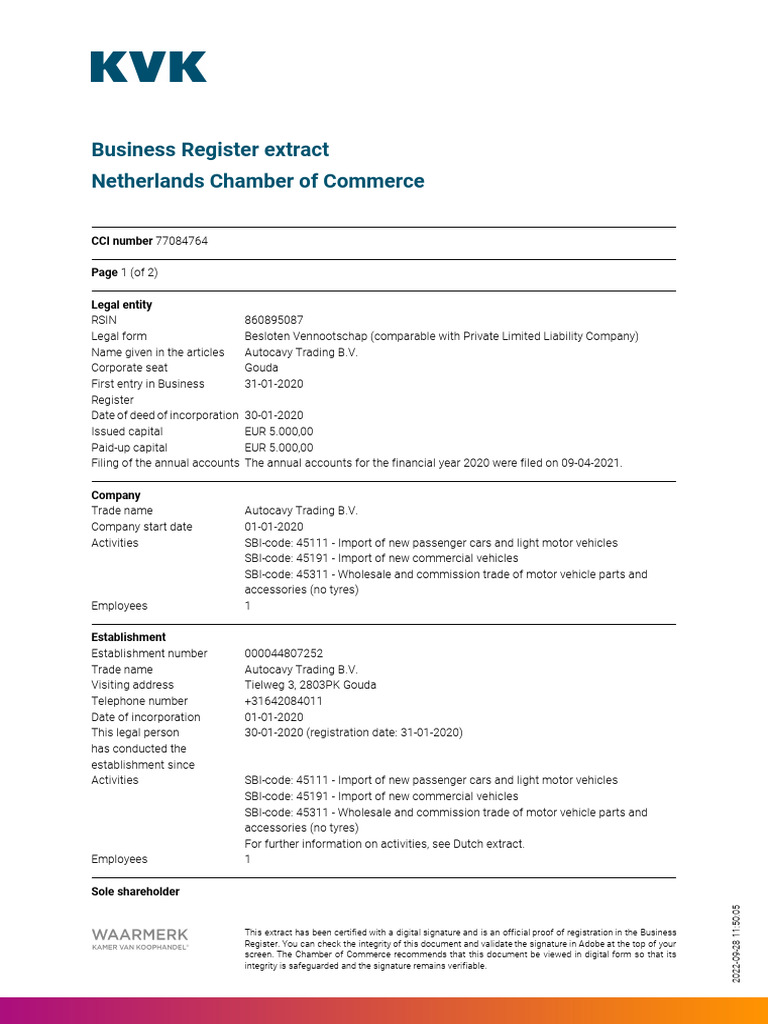 Autocavy Trading B.V. Business Extract | PDF | Business | Business Law