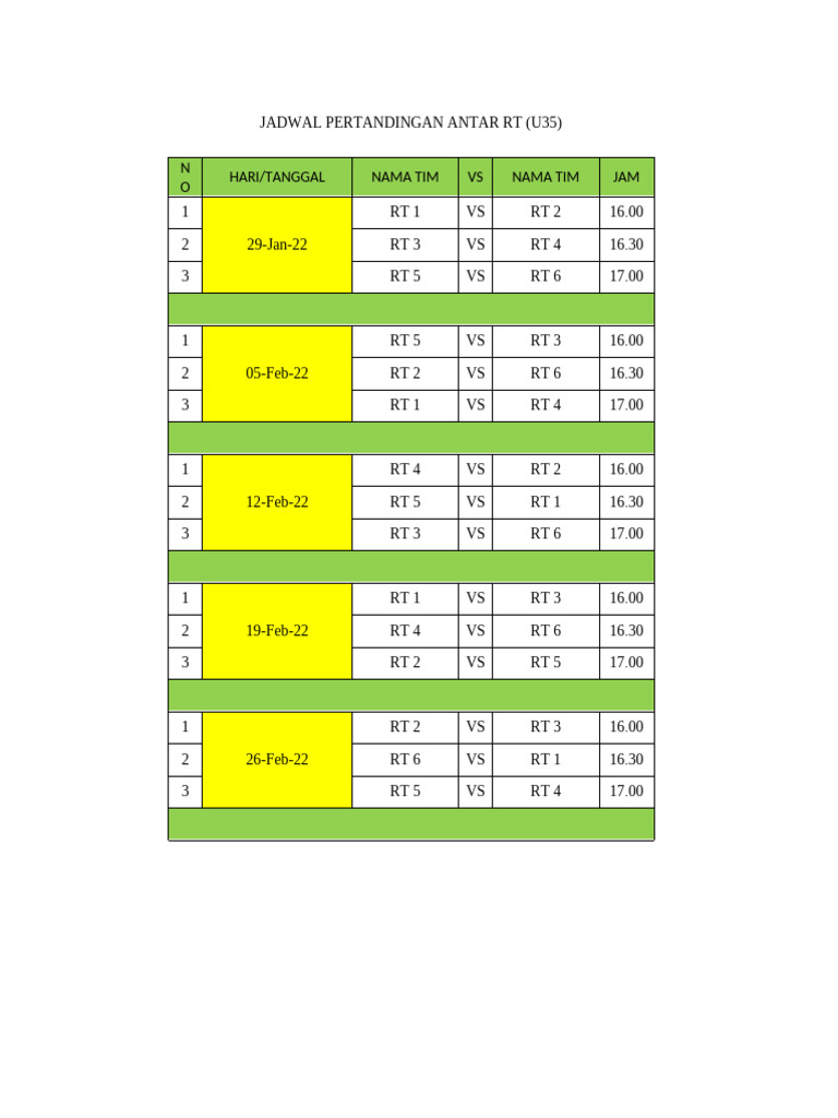 Jadwal Pertandingan Antar RT U35 | PDF