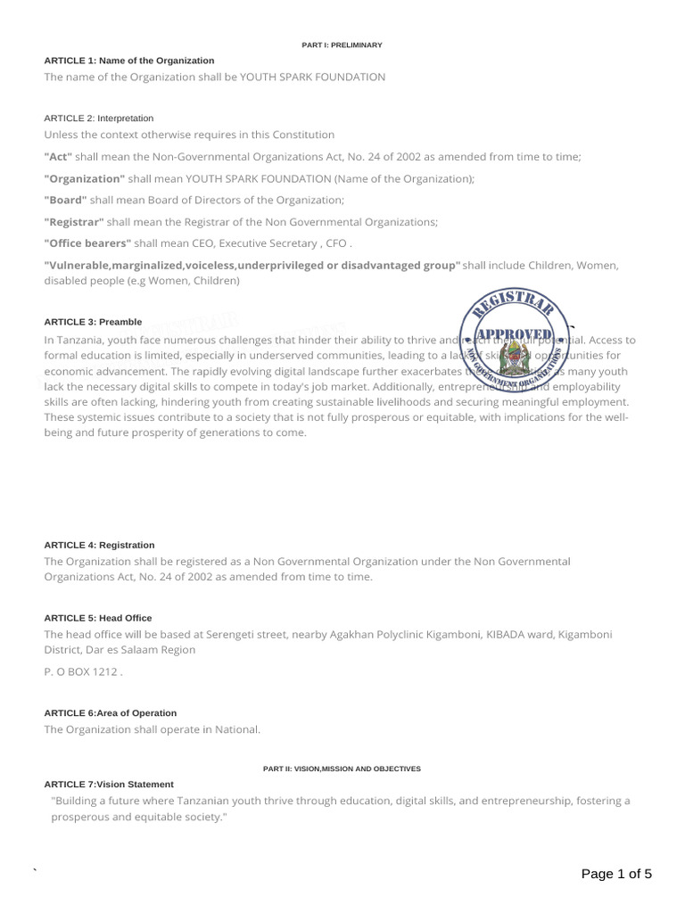Constitution of Youth Spark Foundation | PDF | Entrepreneurship | Board ...