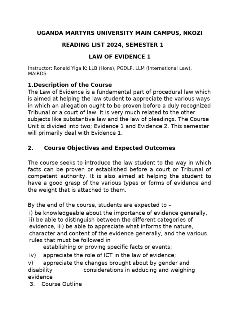 Law of Evidence Reading List 2024 | PDF | Evidence | Evidence (Law)