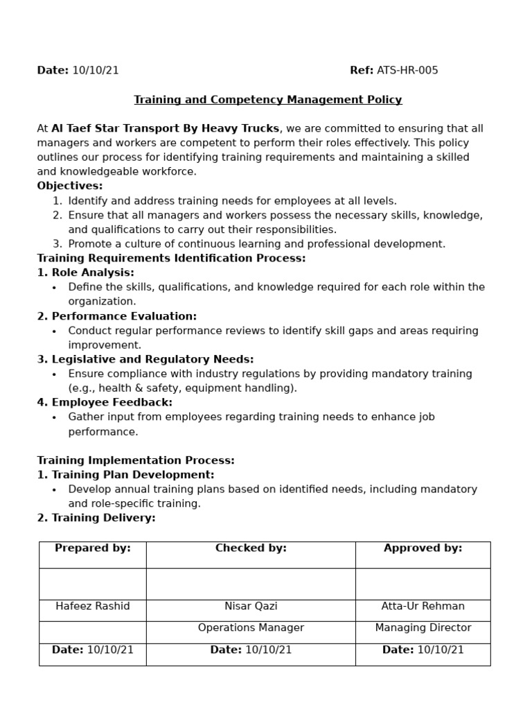 Training and Competency Policy Overview | PDF | Occupational Safety And ...