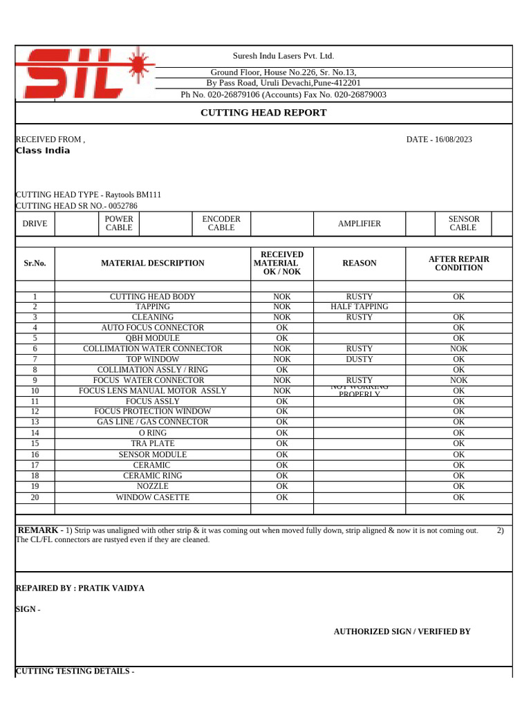 Head Repair Report | PDF | Optics | Equipment