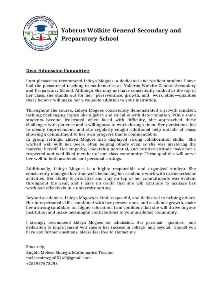 Recommendation for Lideya Mogoes Admission | PDF
