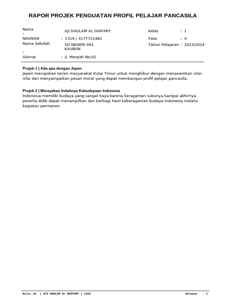 RAPOR P5 KLS Kelas1b | PDF