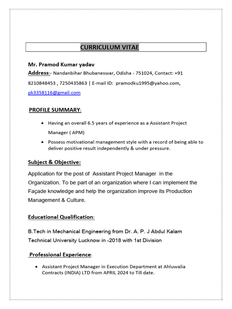 CV - PRAMOD KUMAR YADAV [FACADE] | PDF