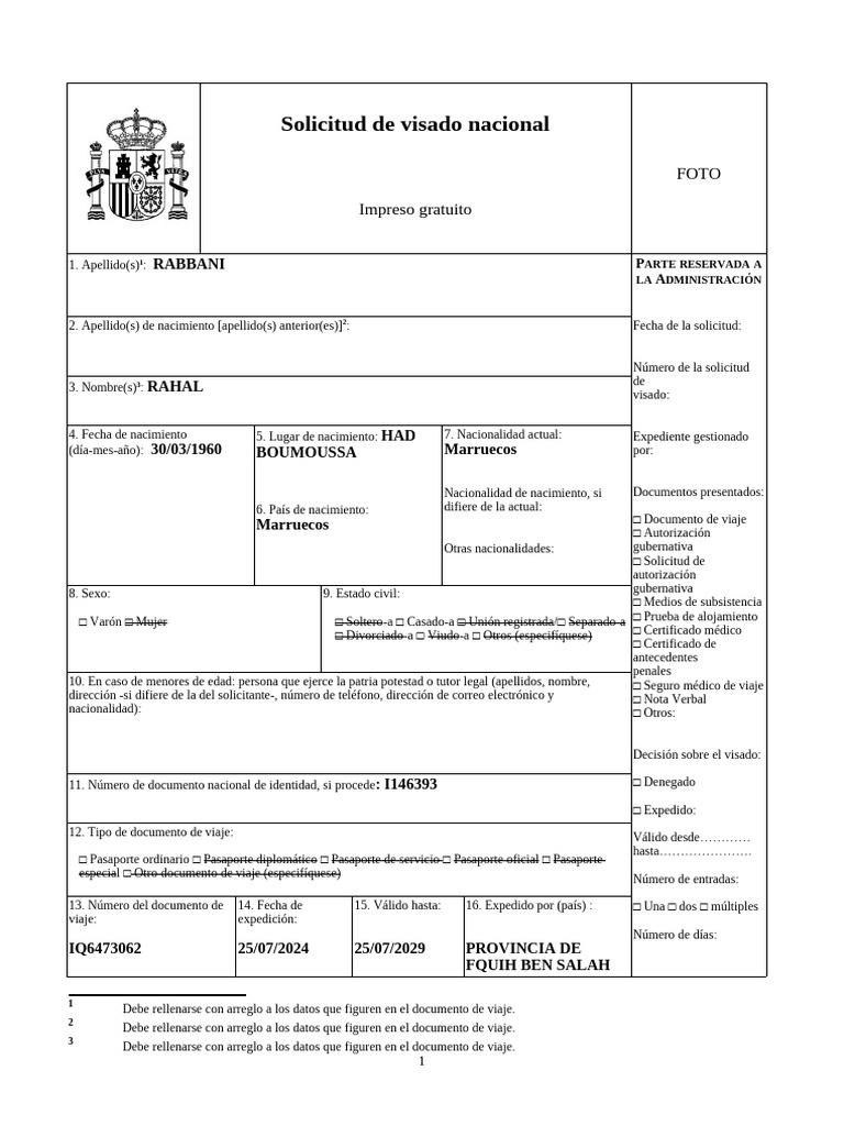 Impreso Solicitud Visado Nacional Español - Rhaal Sbani | PDF ...