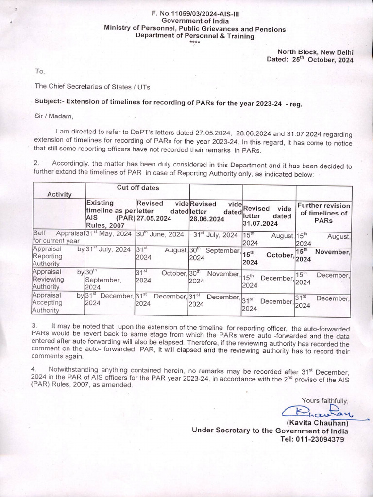 DoPT Letter DT 25.10.24 - Exten of Timelines of PAR | PDF | Government ...
