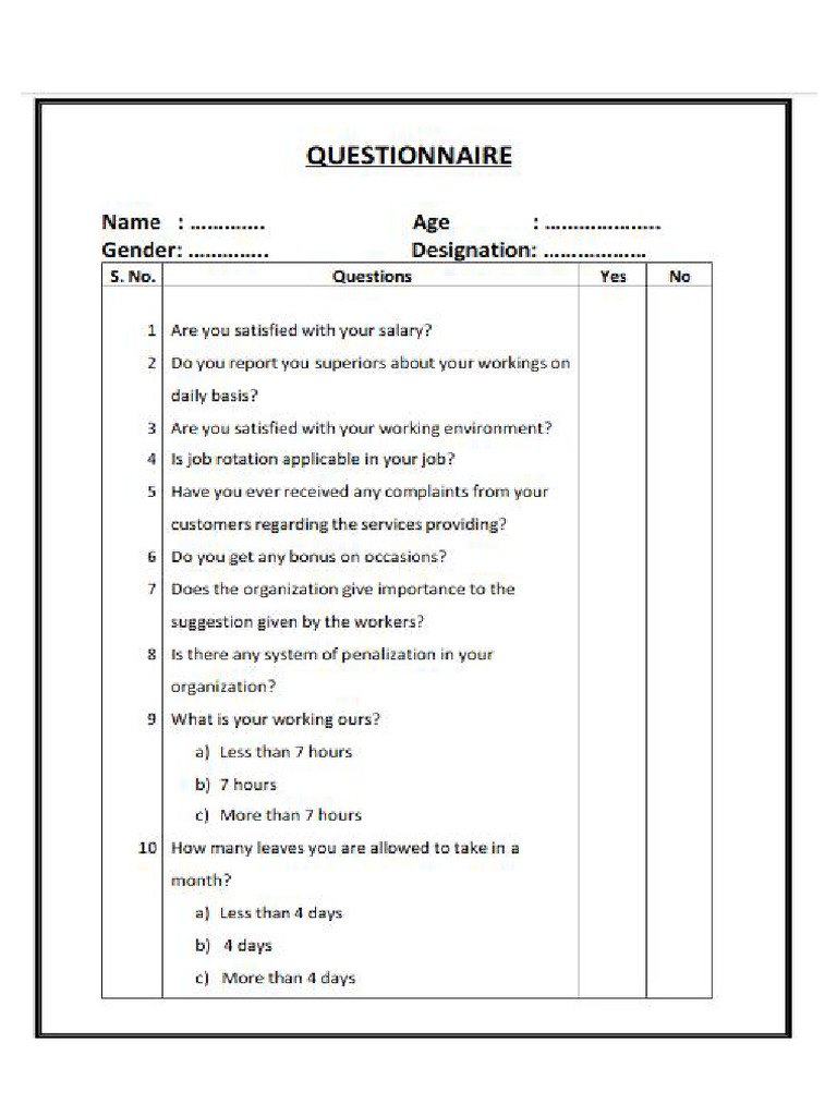 Questionnaire of Class 12 BST Project On Principle On Manegment | PDF