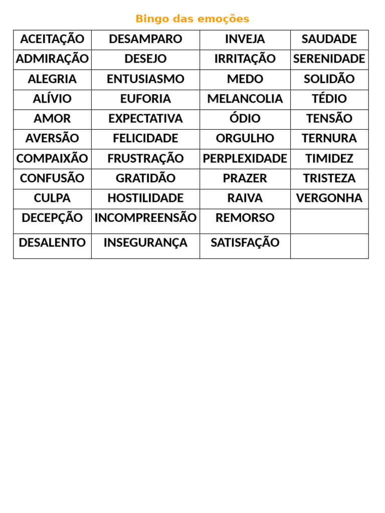 TABELA Bingo Das Emoções | PDF