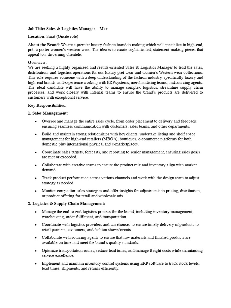 Sales & Logistics Manager Role - Luxury Fashion | PDF | Logistics ...