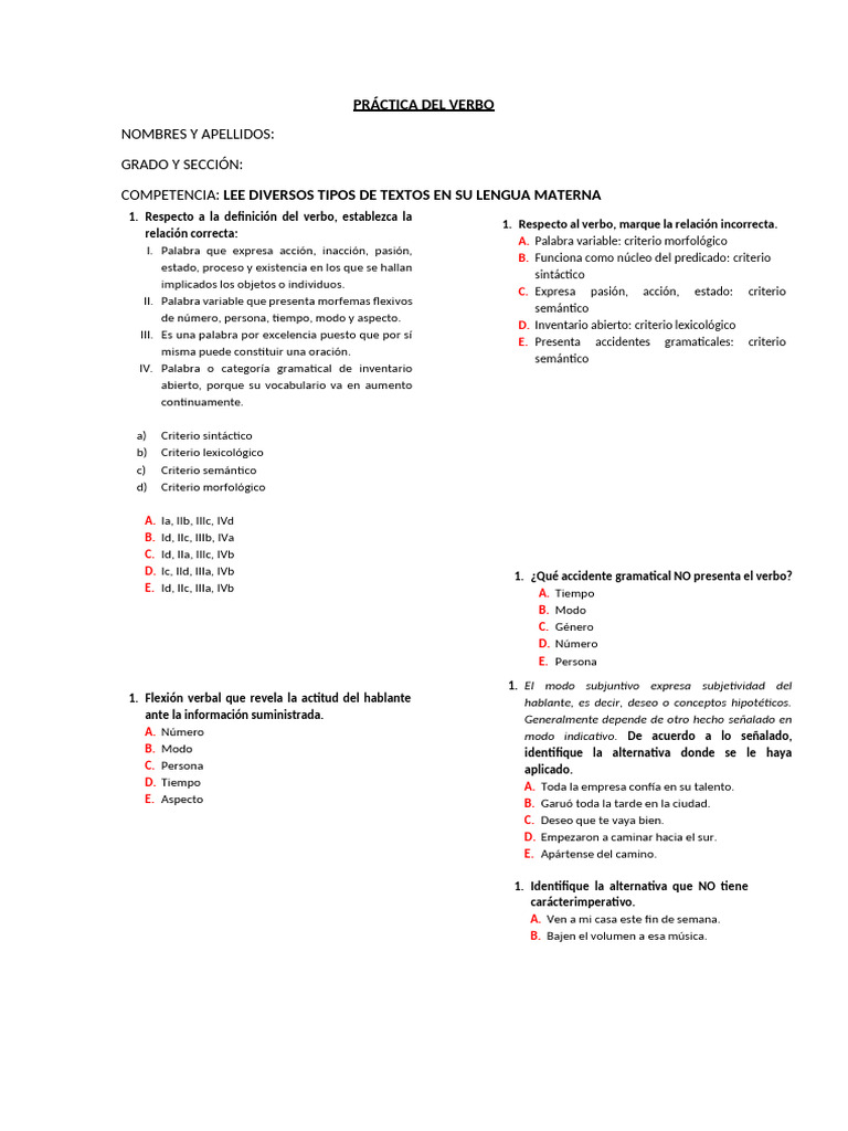 Práctica Del Verbo | PDF | Verbo | Palabra