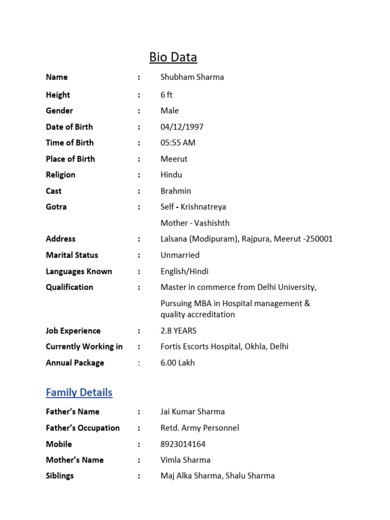 Shubham Biodata | PDF