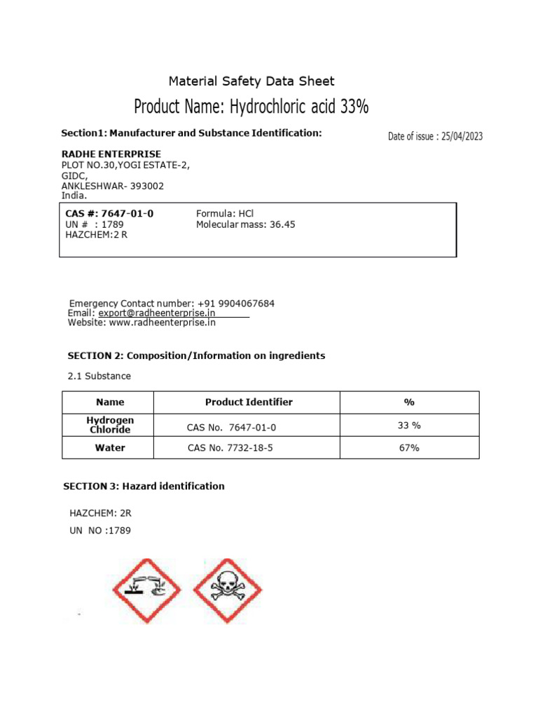 Hydrochloric Acid 33% MSDS New1 | PDF | Personal Protective Equipment | Chemistry