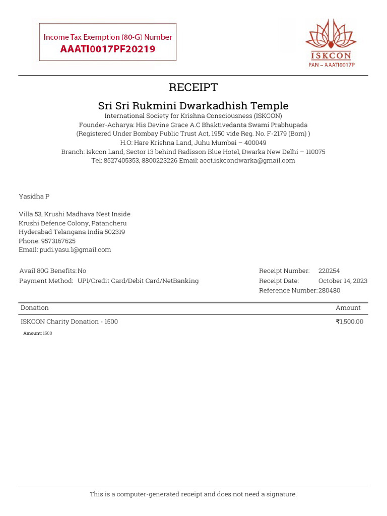 Iskcon Donation Receipt 8211 280480 | PDF