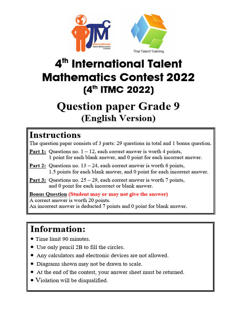 Grade 9 Math Contest 2022 Questions | PDF | Area | Arithmetic