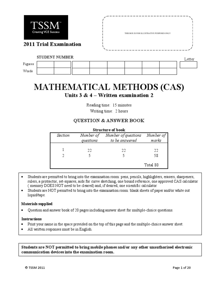 Maths Methods CAS 2011 Units 3 4 Trial Exam 2 | PDF | Multiple Choice ...