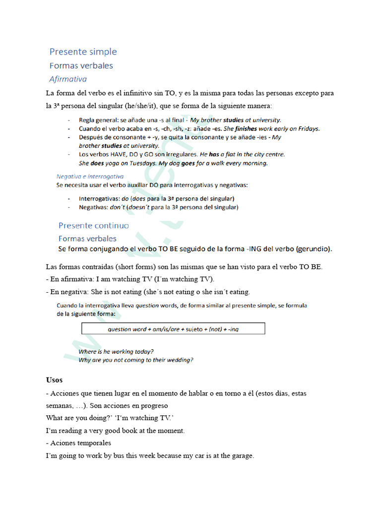 PRESENTE SIMPLE Y CONTINUO | PDF