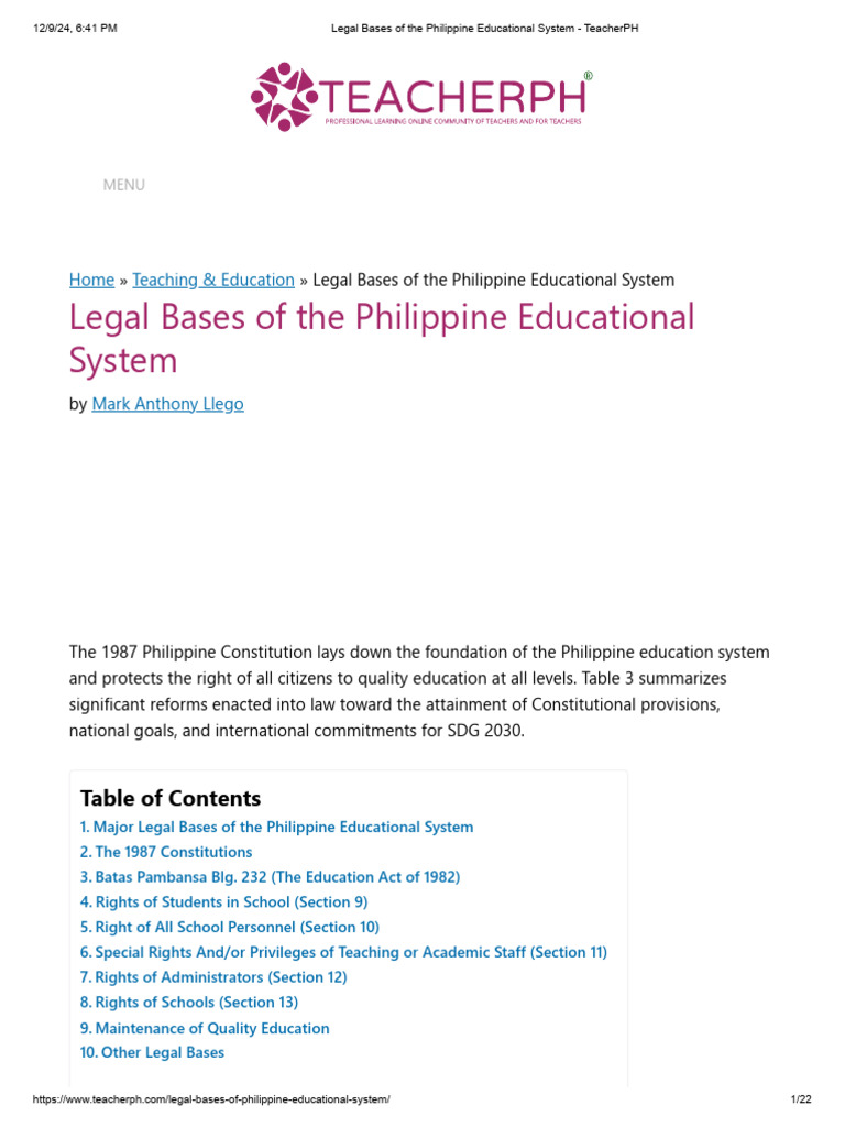 Legal Bases of The Philippine Educational System | PDF | Citizenship ...